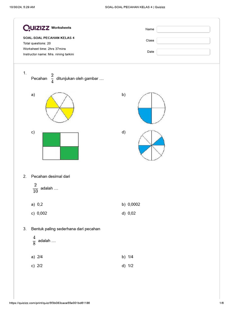 Soal-Soal Pecahan Kelas 4 - Quizizz | PDF