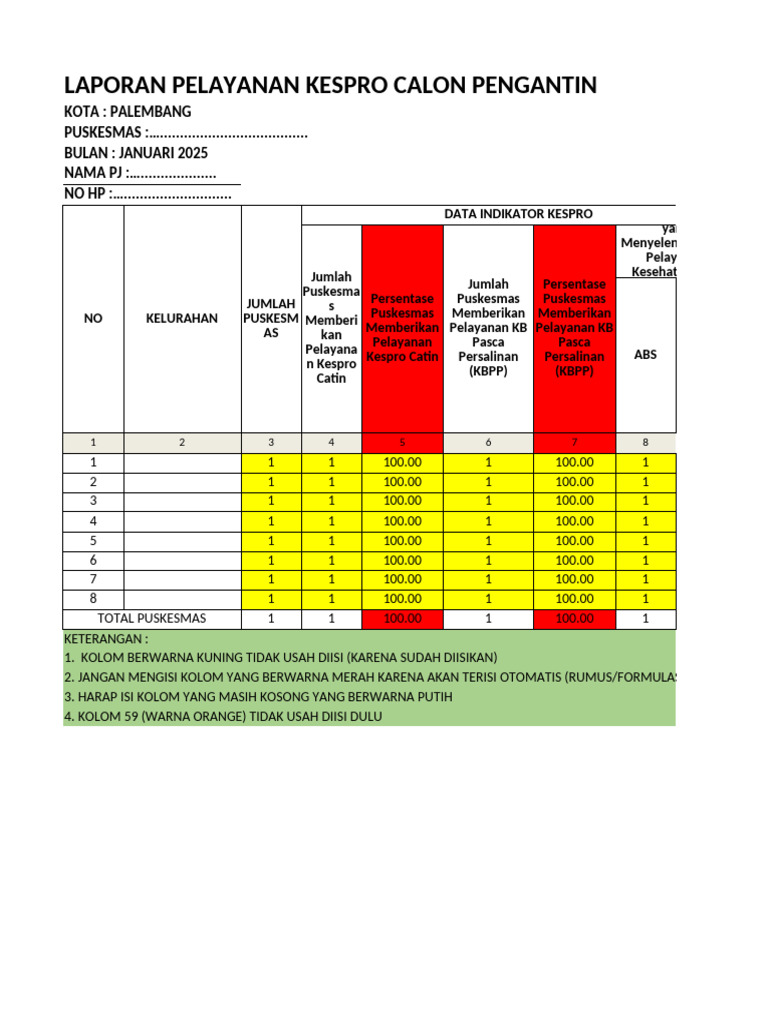 Form Laporan Kespro Catin 2025 Puskesmas......... | PDF