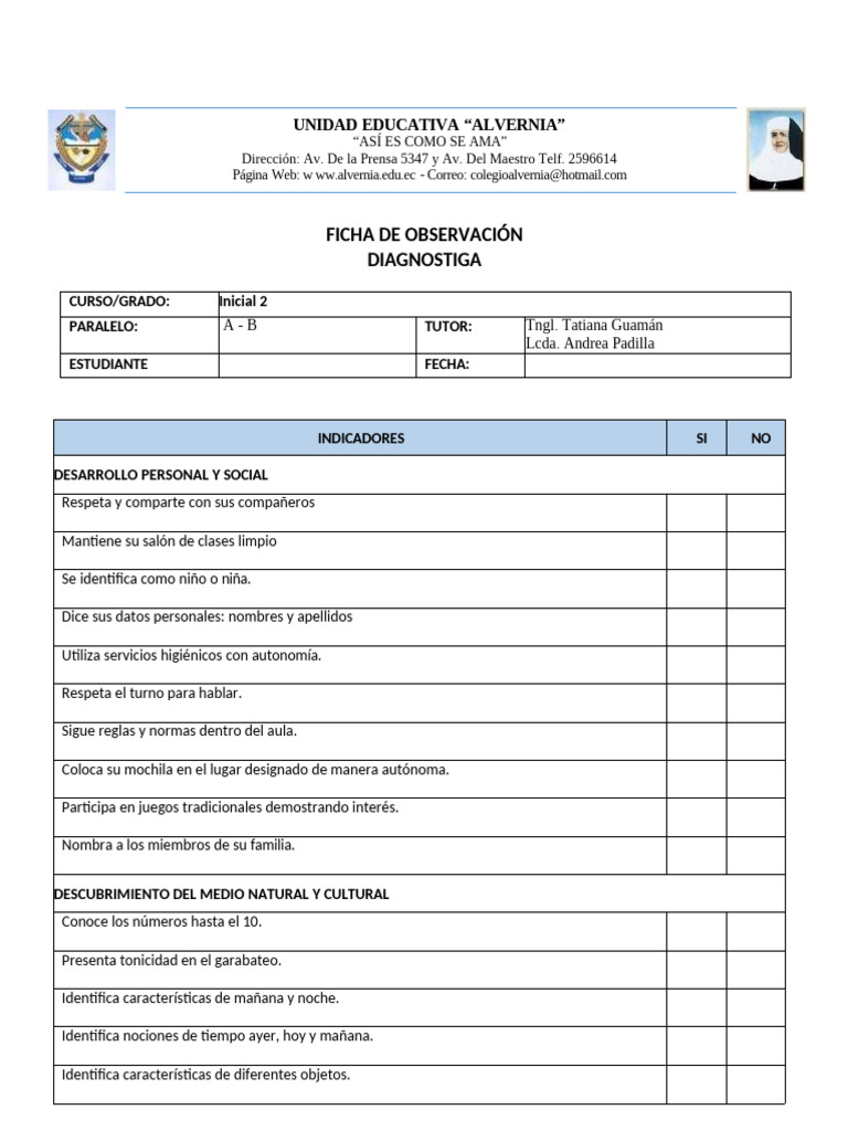 Ficha de Observación Diagnostica Inicial 2 | PDF