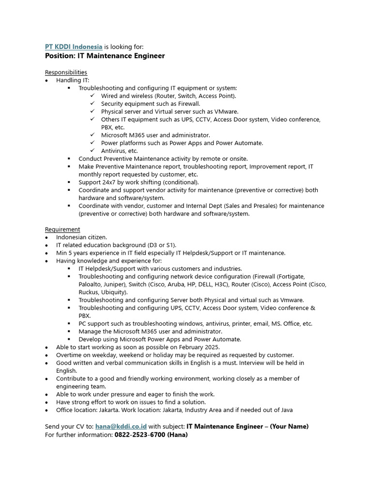 IT Maintenance Engineer - KDDI Indonesia | PDF | Wireless Access Point | Computer Architecture