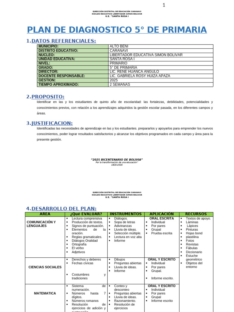 Diagnóstico 5° Primaria 2025 | PDF | Bolivia