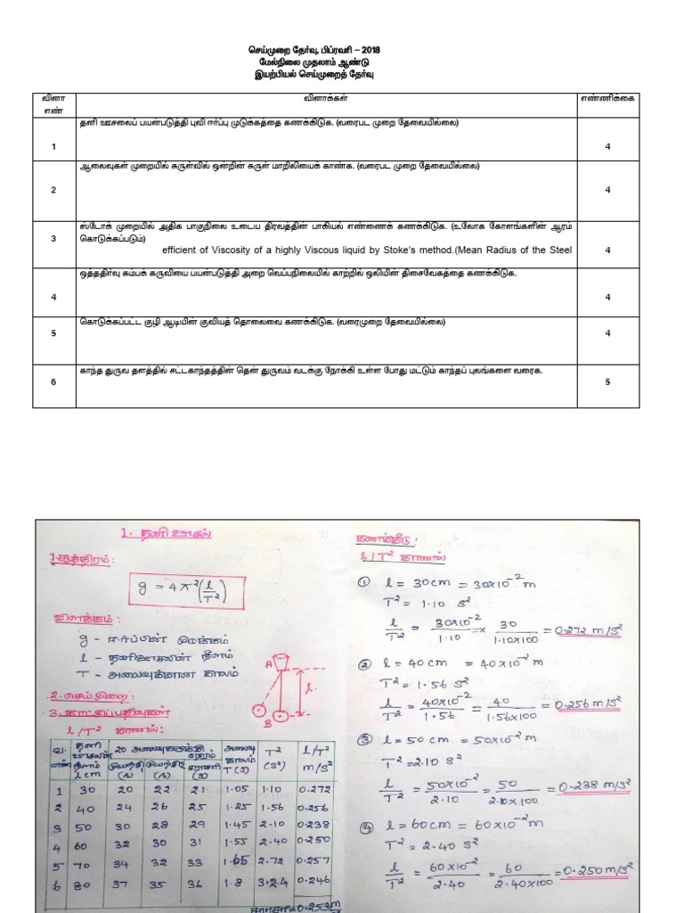 11th Physics Practical Questions Answer Keys 2018 Vilupuram District123 ...