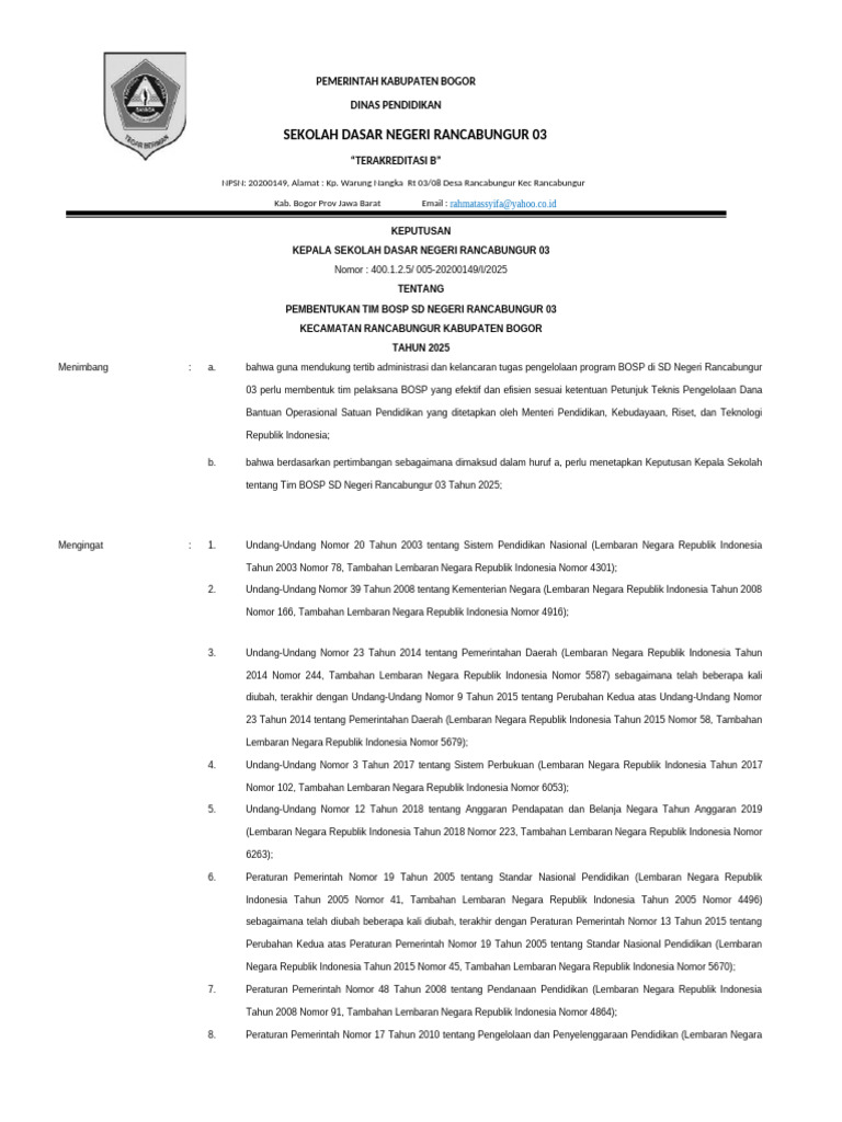(Panduanmengajar - Com) - Contoh SK Tim BOS Sekolah 2025 | PDF