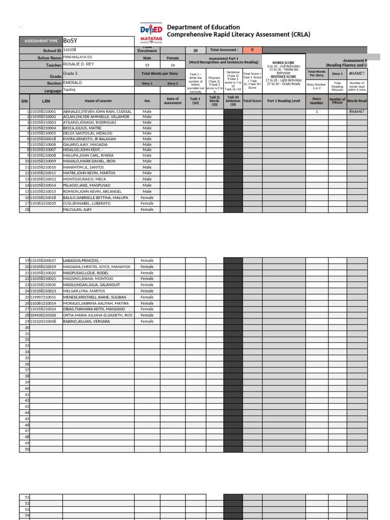 CRLA2 Grade3Scoresheet v1 | PDF | Reading Comprehension | Fluency