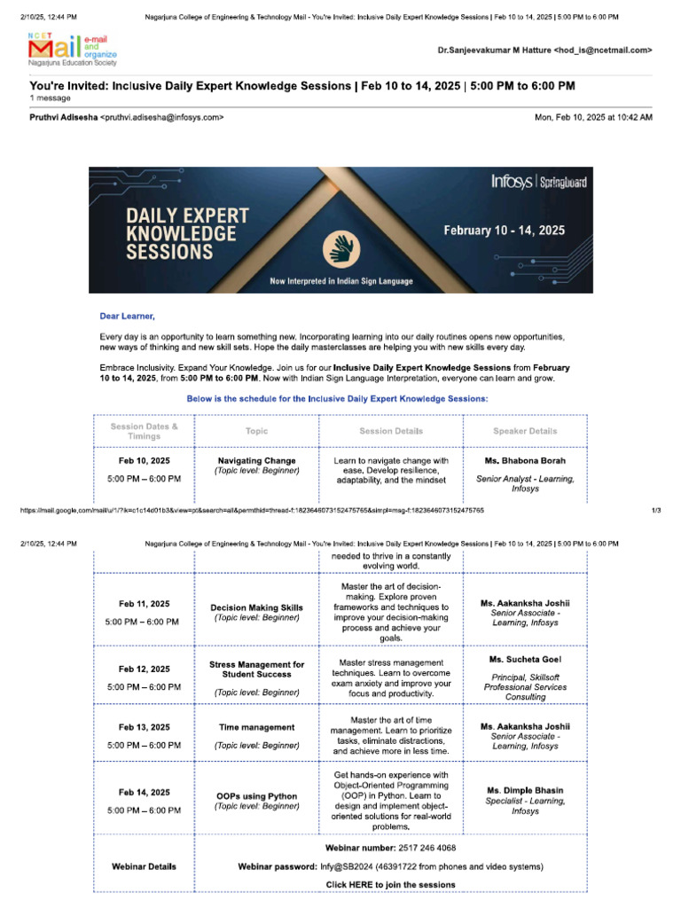Infosys Expert Knowlege Sessions 10-14 Feb 2025 | PDF