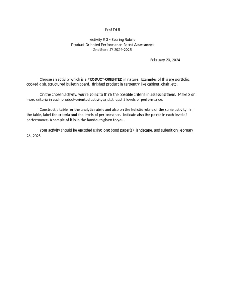 Activity 3 Scoring Rubric Product Pdf