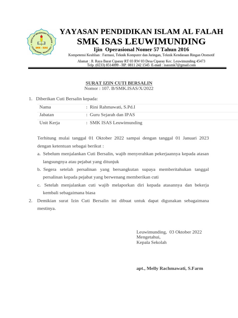 Surat Ijin Cuti Bersalin Guru | PDF