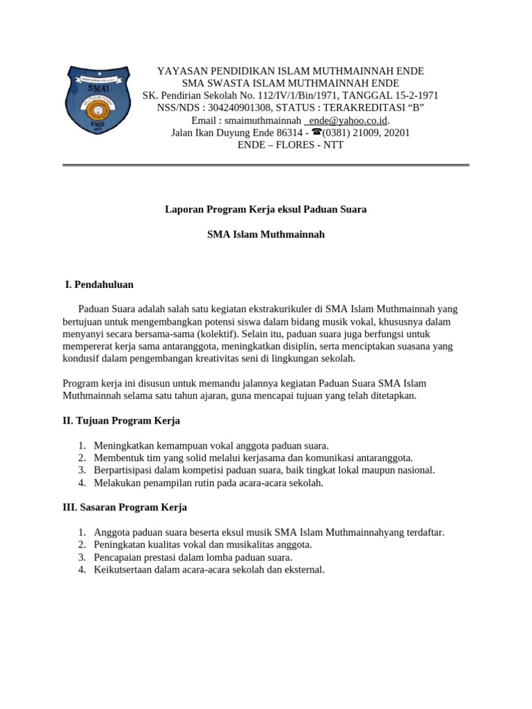 Laporan Program Kerja Paduan Suara SMA Islam Mutmainnah | PDF