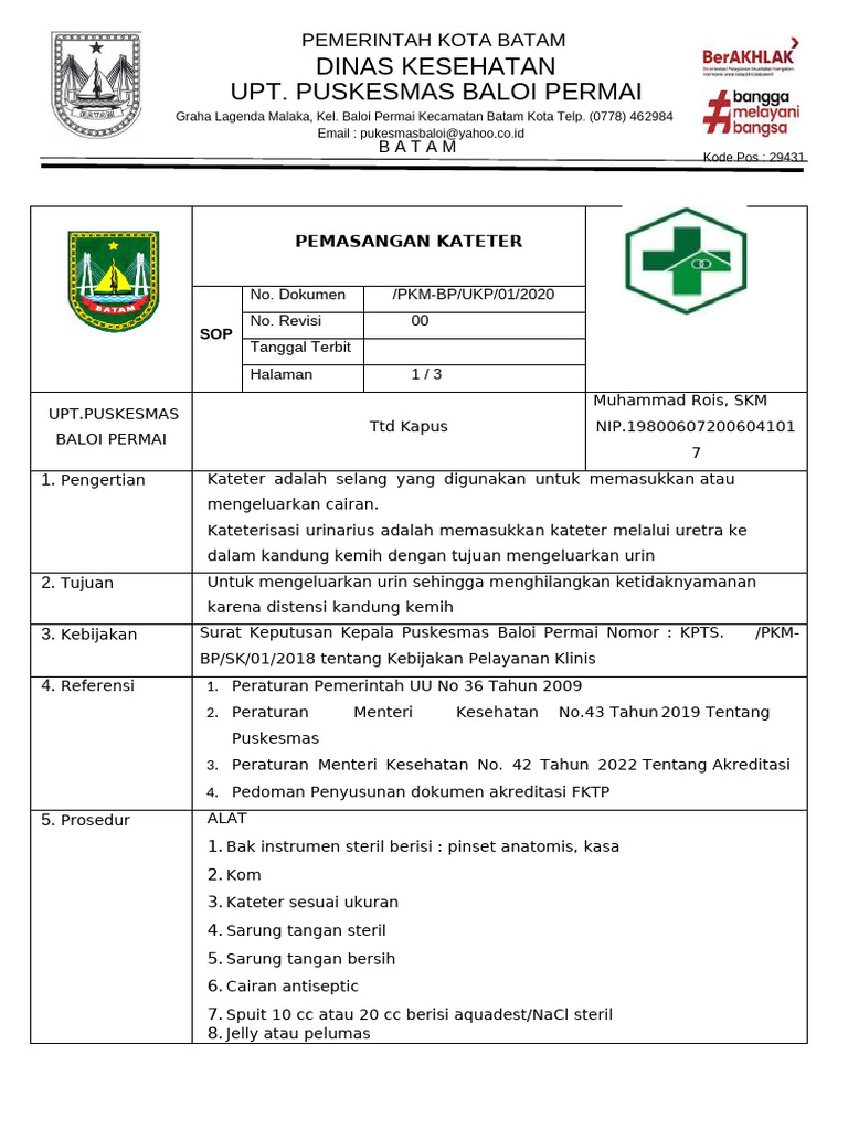 SOP Pemasangan Kateter Puskesmas Batam | PDF