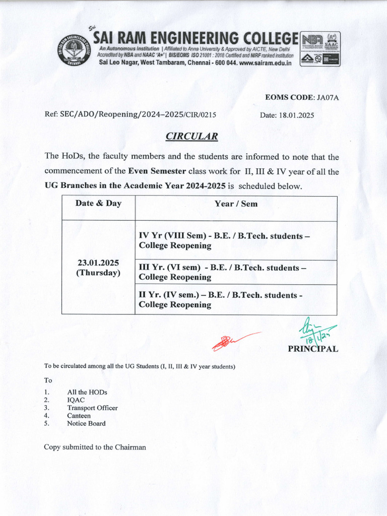 Circular - Reopening - Even Semester 2024-2025 | PDF