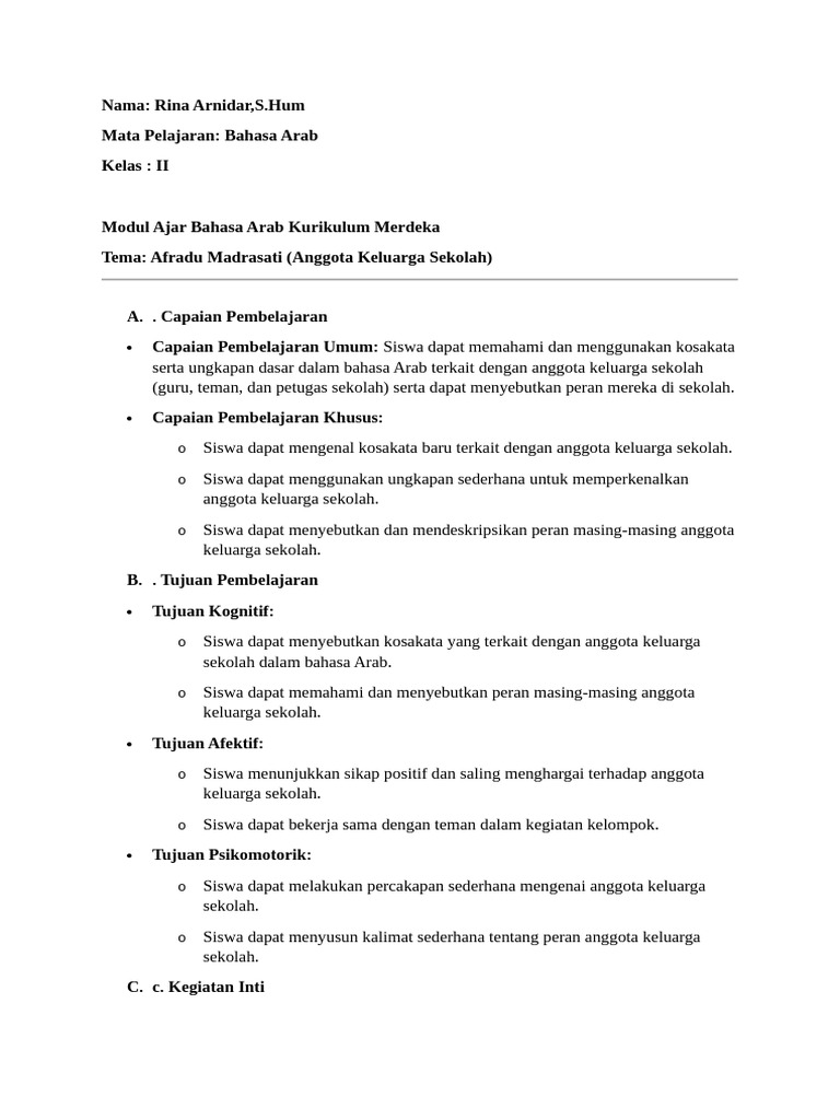 Modul Ajar Bahasa Arab Kumer | PDF