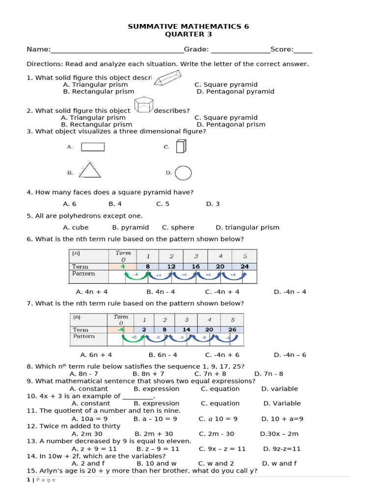 ST_MATHEMATICS-6_Q3 | PDF | Numbers | Equations