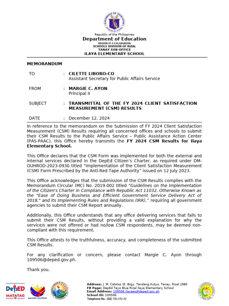Transmittal of The Fy 2024 Client Satisfaction Measurement (CSM) Results | PDF | Government