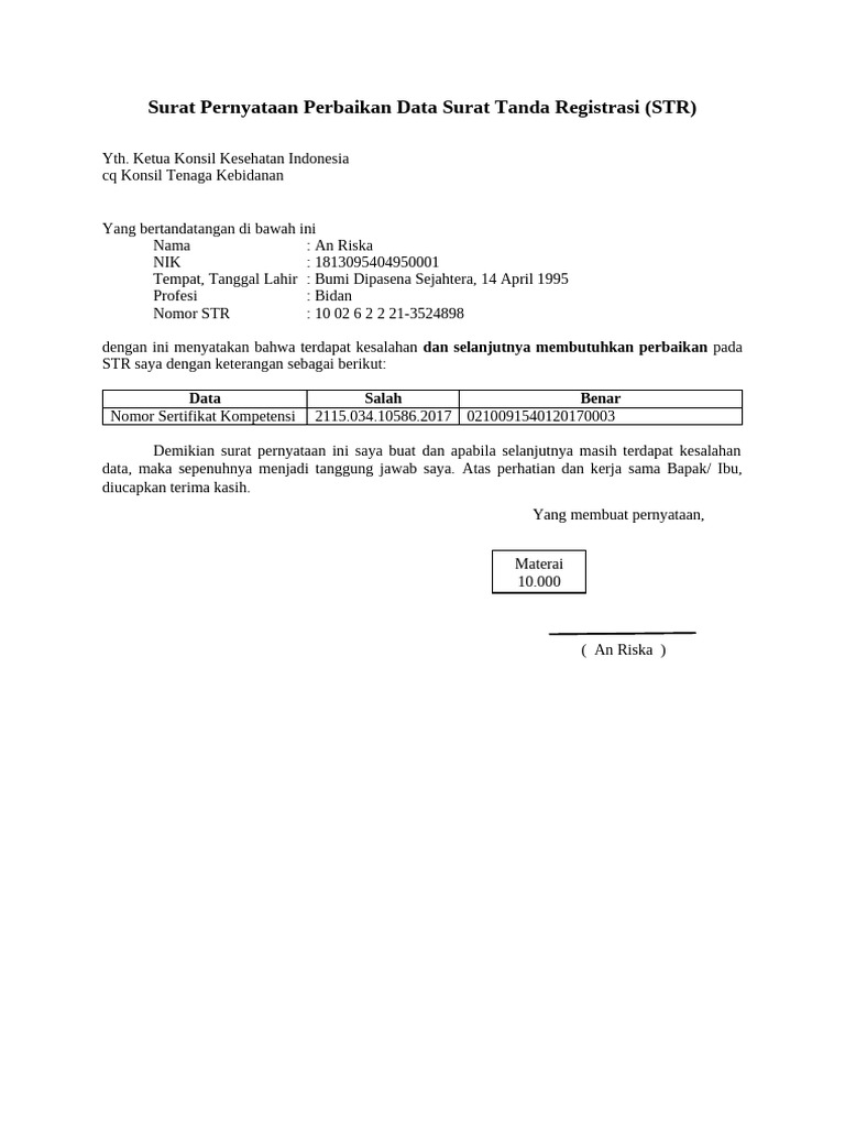 Format Surat Pernyataan Perbaikan Data | PDF
