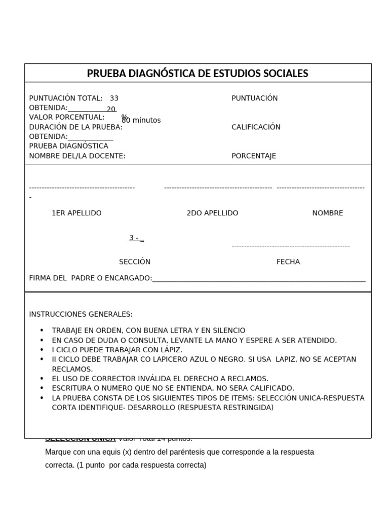 Prueba Diagnostica Estudios Sociales | PDF