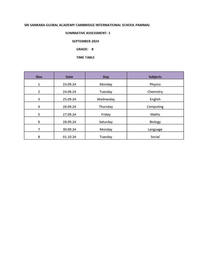 Grade 8 SA 1 Timetable | PDF