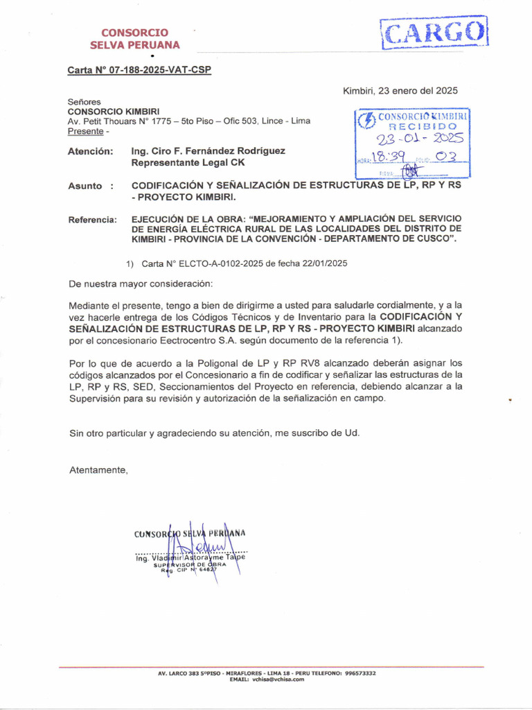 CARTA N° 07-CODIFICACIÓN Y SEÑALIZACIÓN DE ESTRUCTURAS DE LP, RP Y RS ...