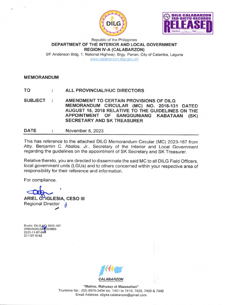 SB - Memo For Guidelines On The Appointment of SK Sec and Treasurer | PDF