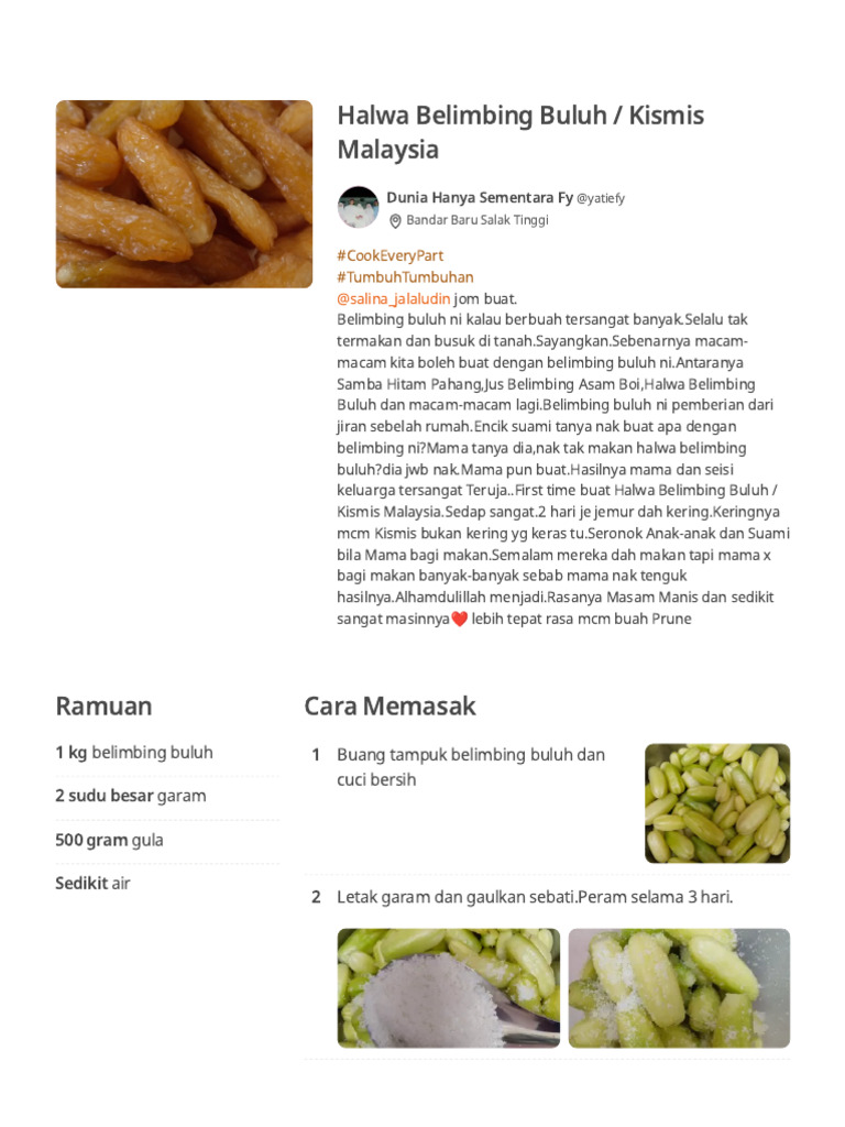 Resipi Halwa Belimbing Buluh - Kismis Malaysia Oleh Dunia Hanya Sementara Fy - Cookpad | PDF