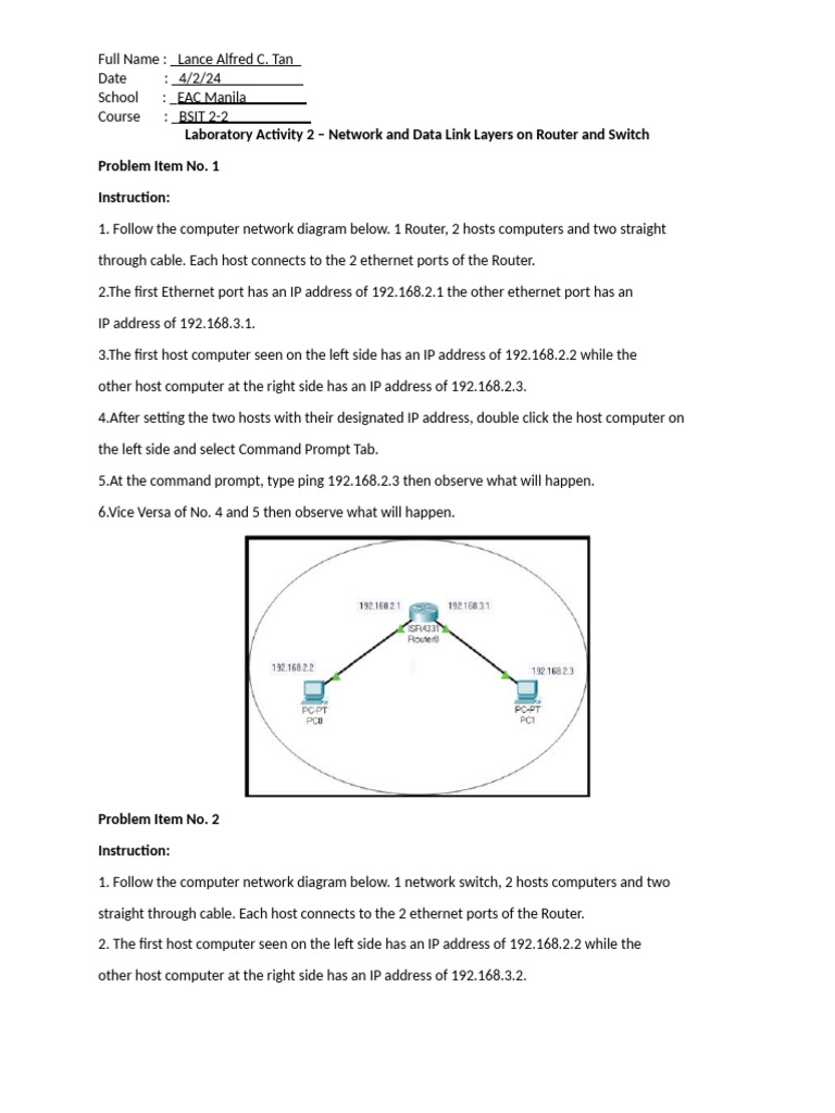 Laboratory-Activity-2-Network-and-Data-Link-Layer-on-Router-and-Switch-and-IP-Addressing | PDF ...