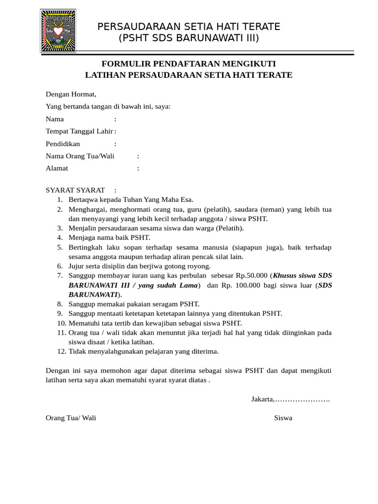 Formulir Pendaftaran Mengikuti PSHT | PDF