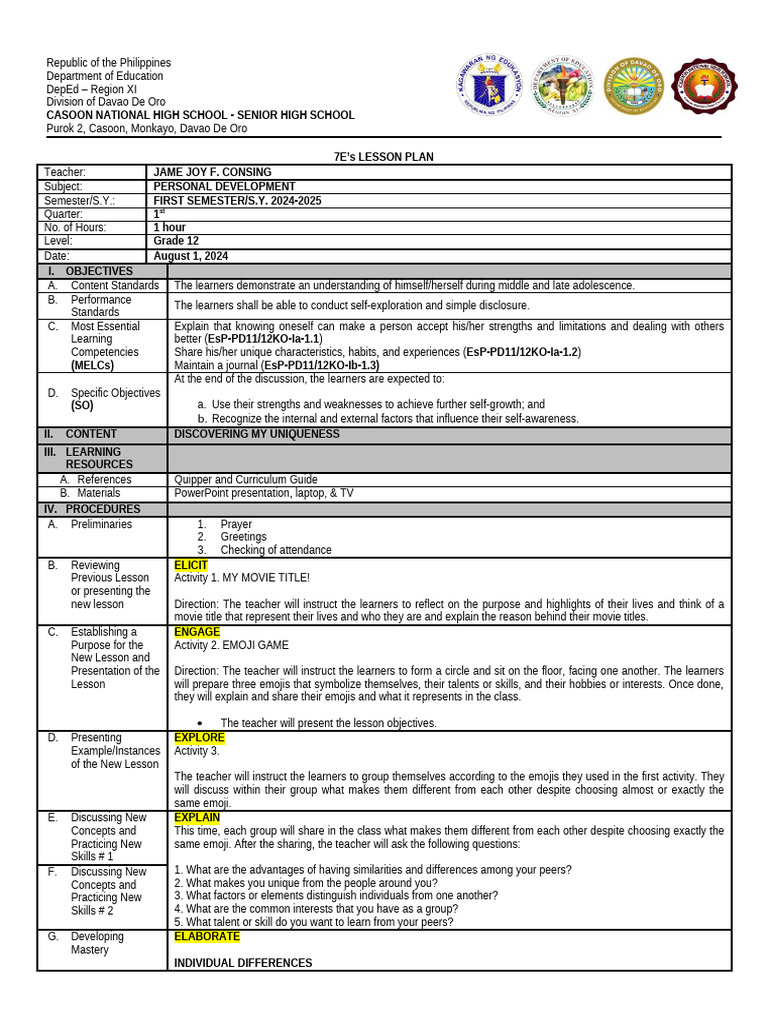 LESSON PLAN WEEK 1 DAY 2_PERDEV 12 - Copy | PDF | Learning | Teachers