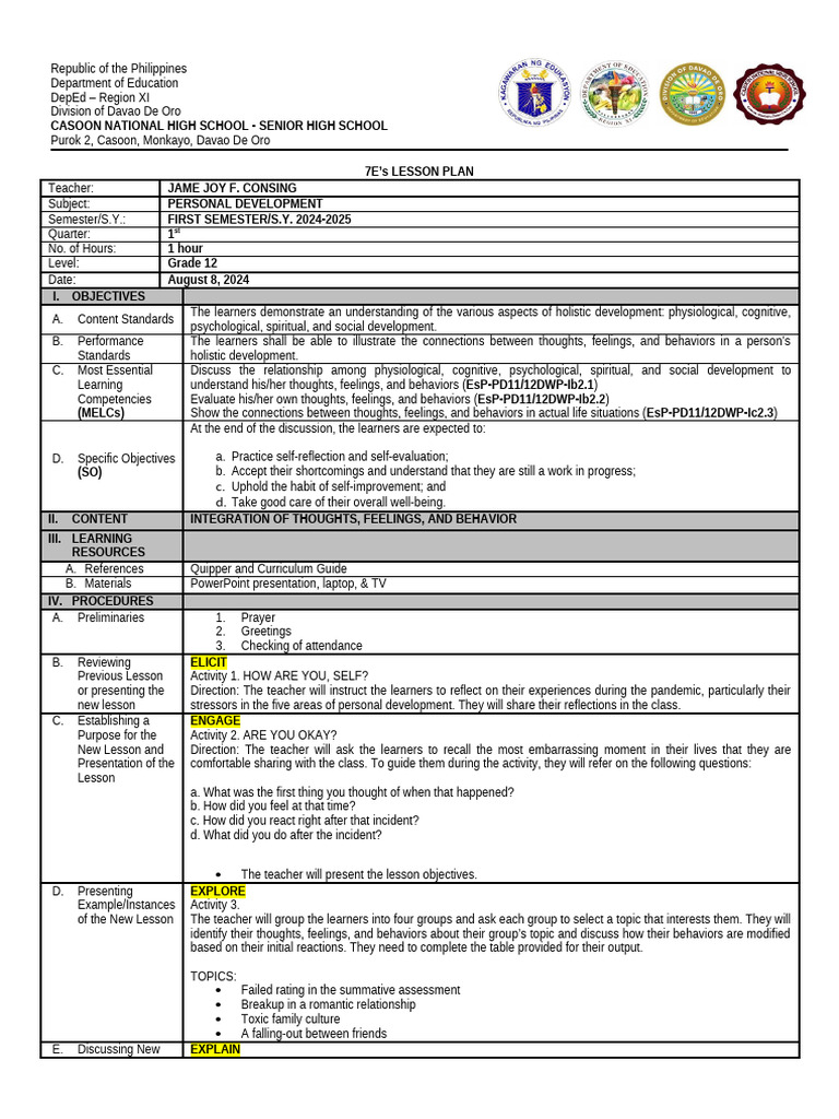 Lesson Plan Week 2 Day 2 - Perdev 12 | PDF | Learning | Thought