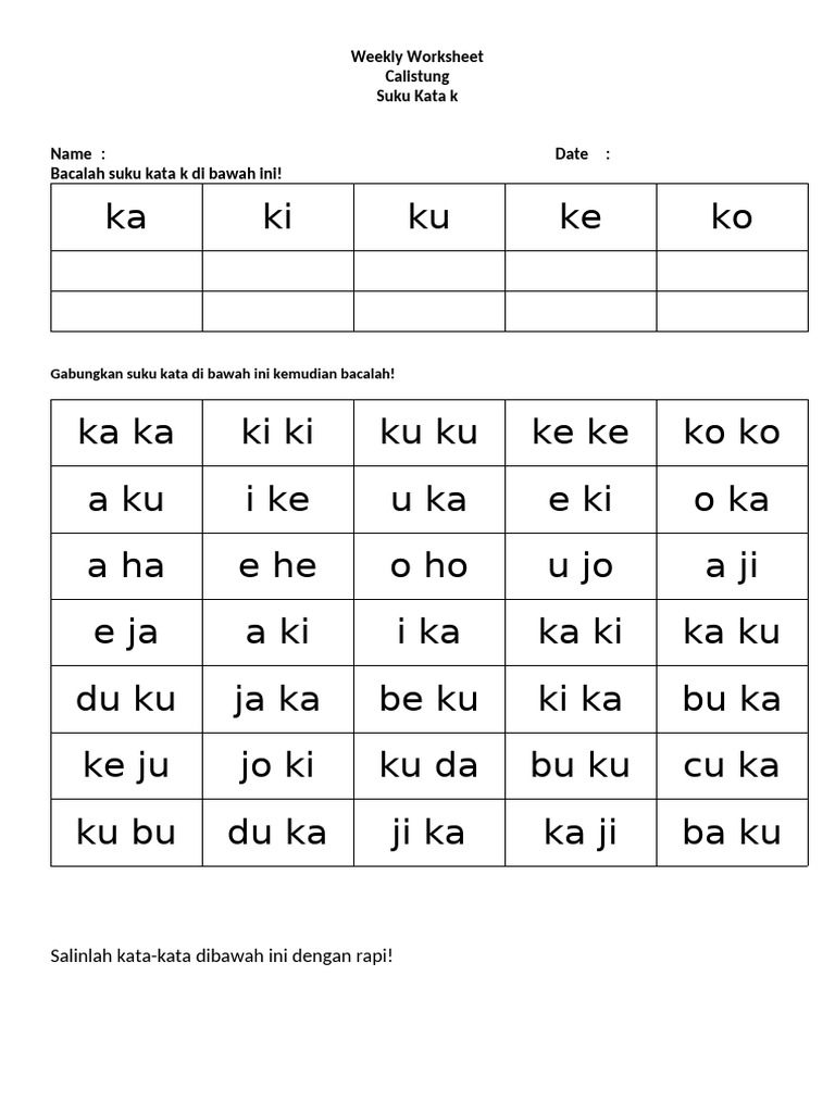 Ka Ki Ku Ke Ko: Weekly Worksheet Calistung Suku Kata K | PDF