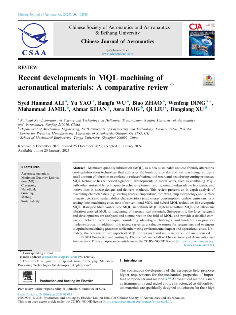 MQL Machining in Aerospace: Review | PDF | Wear | Lubricant