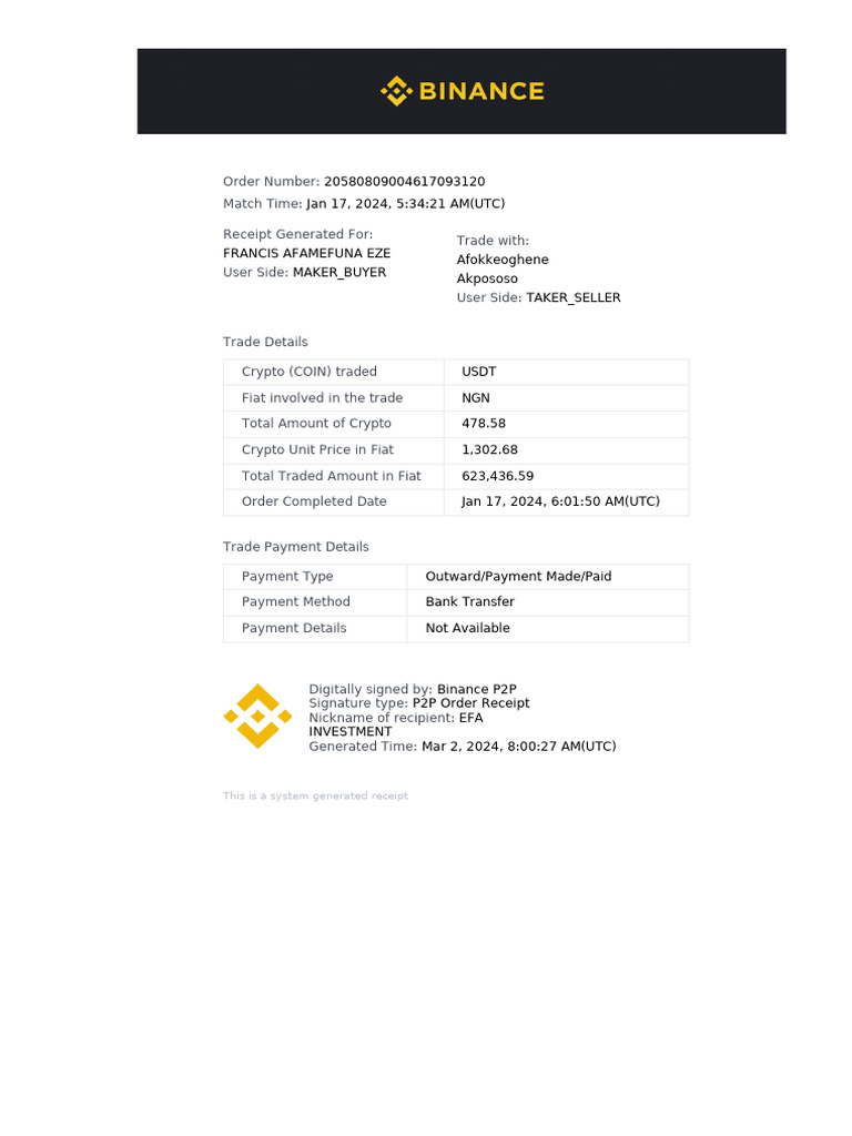 743381019 Sample of a Binance p2p Order Receipt | PDF