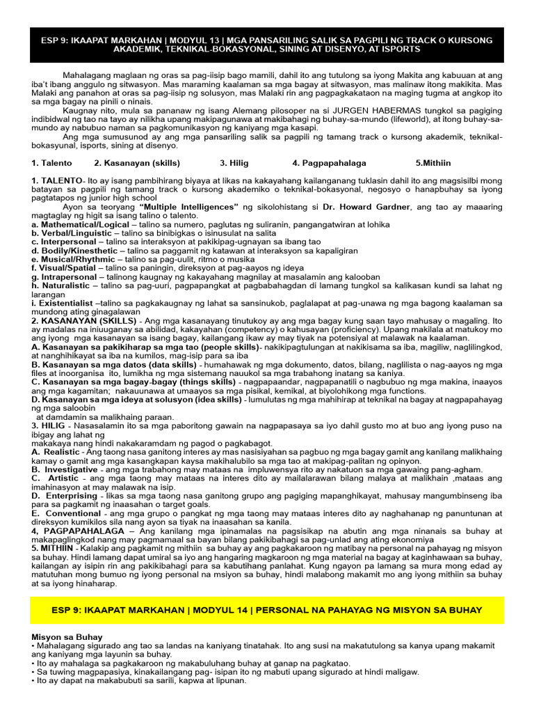 Esp 9 Quarter 4 Modules 13 16 Lecture Activities | PDF