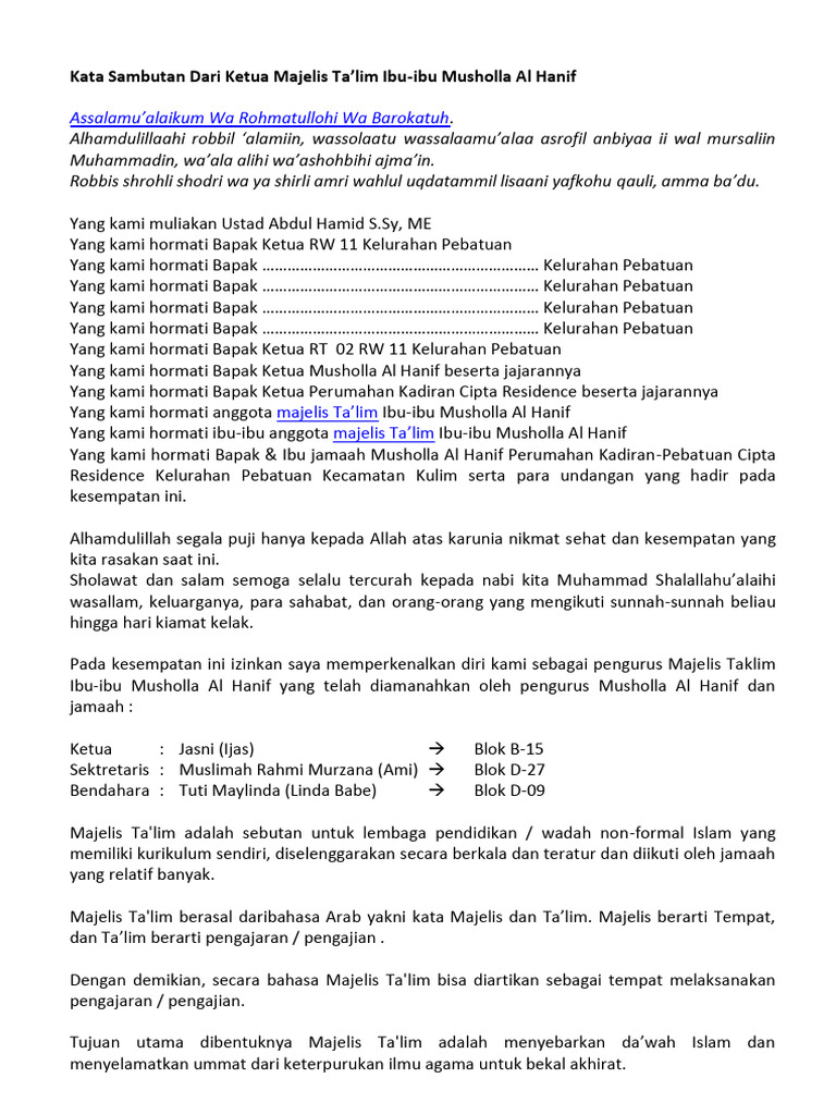 Kata Sambutan Ketua Majelis Ta'lim Ibu-Ibu Musholla Al Hanif | PDF
