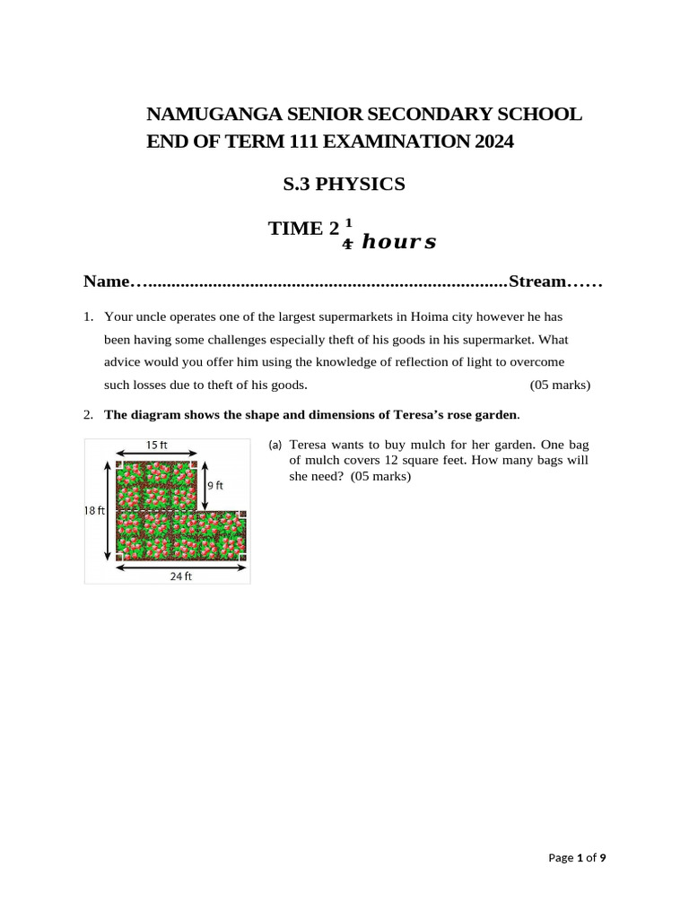 S.3 Physics Exam Questions 2024 | PDF | Concrete | Metals