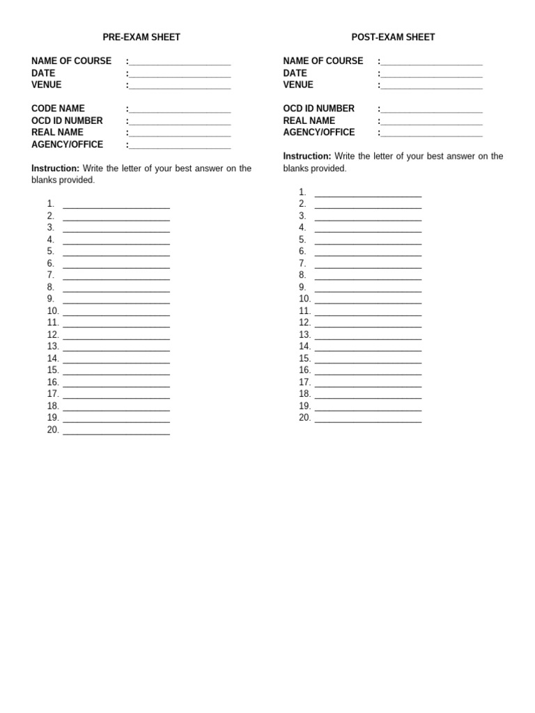 Exam Sheets - Pre and Post Exam | PDF