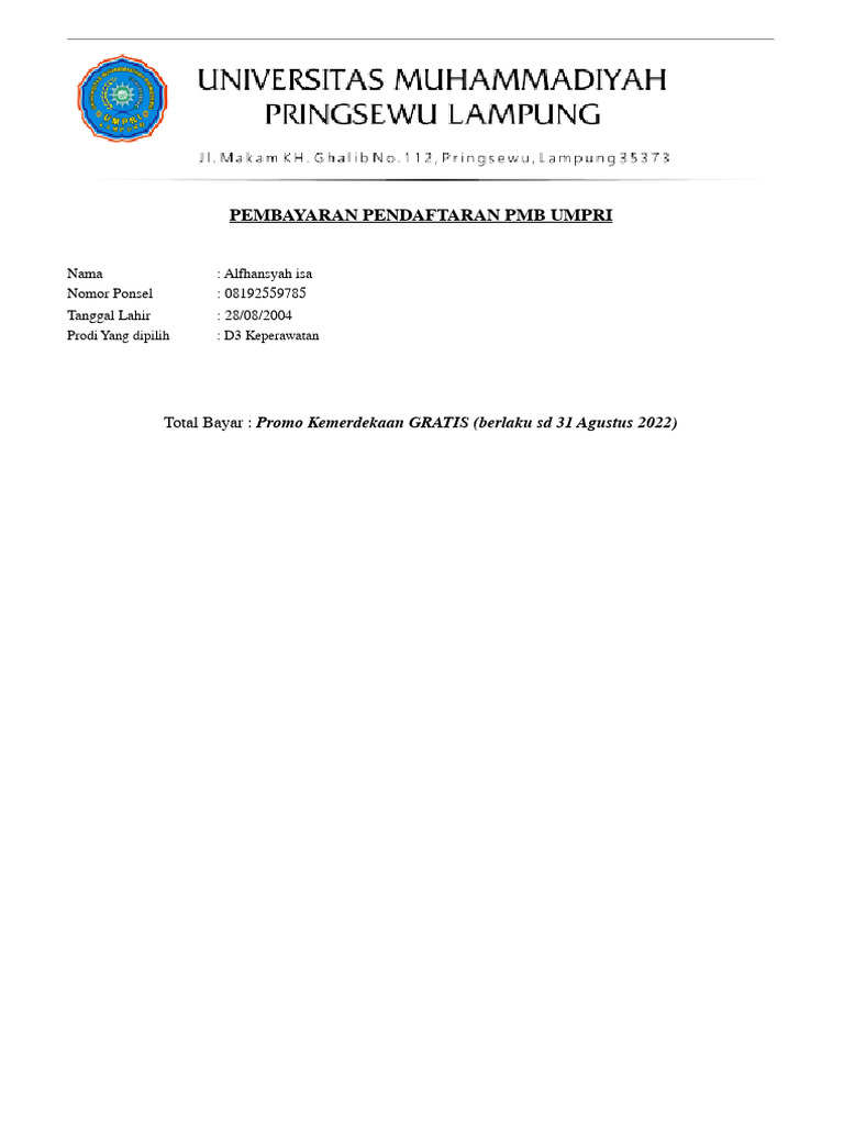 Panduan Pembayaran Pendaftaran PMB UMPRI | PDF