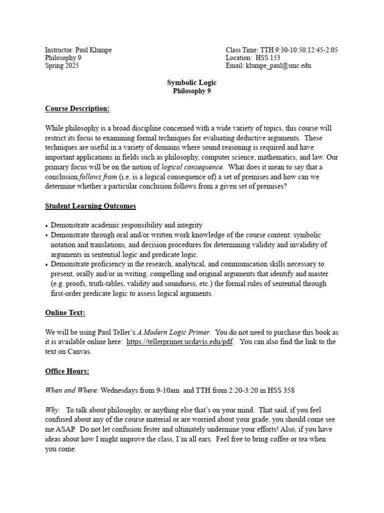 TTH Symbolic Logic Syllabus Spring 2025 | PDF | Logic | Argument