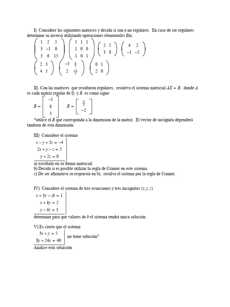 Ejercicios de matrices y sistemas lineales | PDF | Matriz (Matemáticas ...