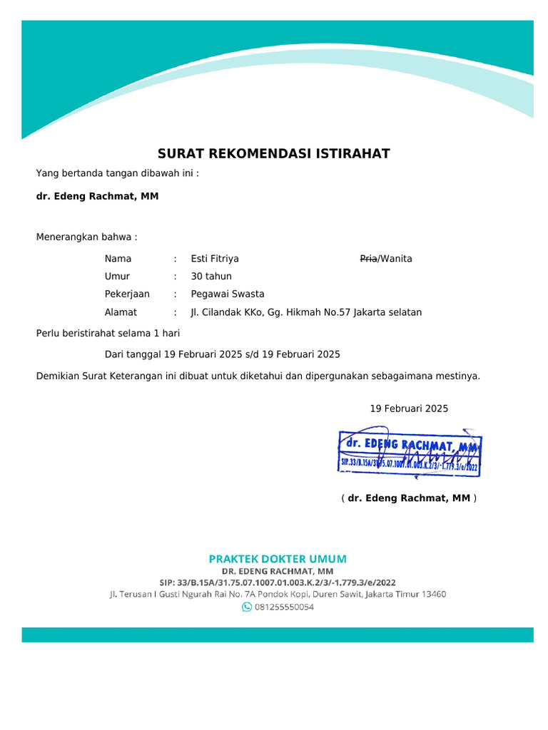 Surat Istirahat dr. Edeng Rachmat | PDF