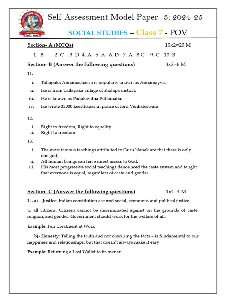 7th Class Social Studies Model Paper 2024 | PDF