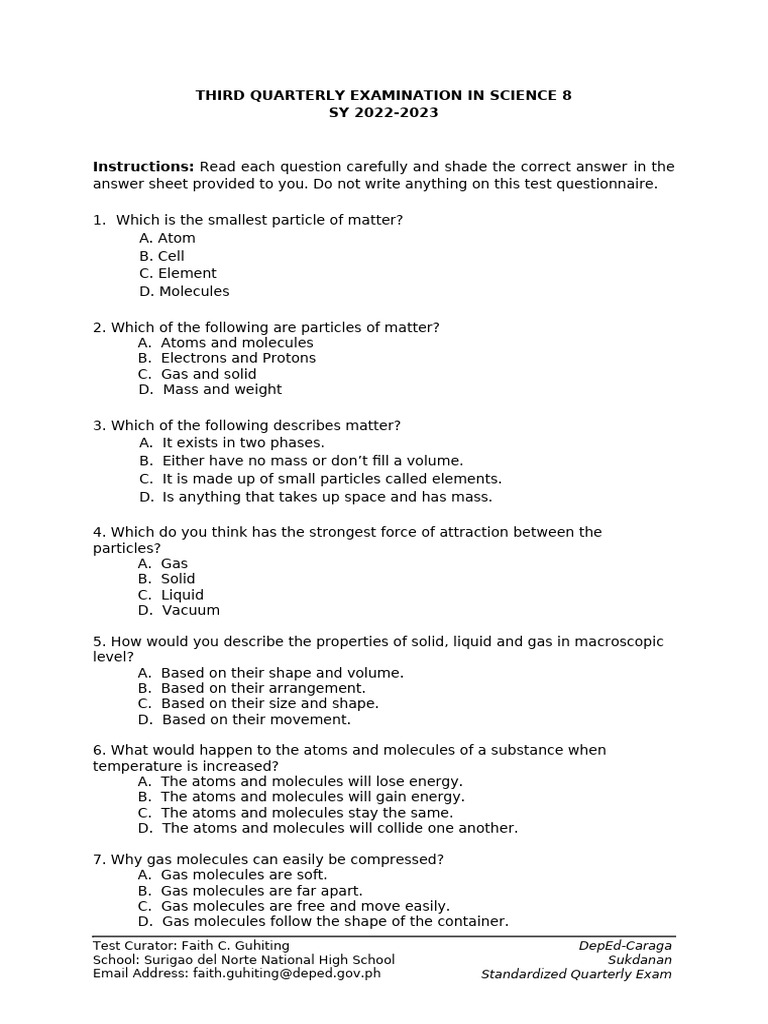 Science 8 Third Quarter Exam 2023 | PDF | Atoms | Proton