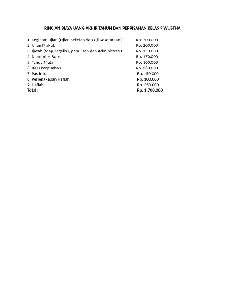 Rincian Biaya Uang Akhir Tahun Dan Perpisahan Kelas 9 Wustha | PDF