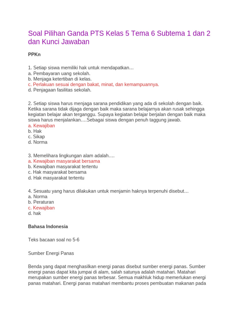 Soal Pilihan Ganda PTS Kelas 5 Tema 6 Subtema 1 Dan 2 Dan Kunci Jawaban | PDF