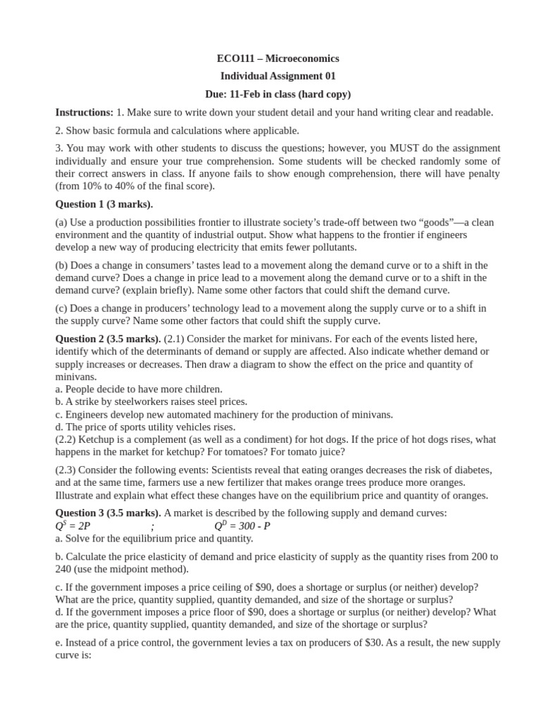 ECO111 Individual Assignment01 | PDF | Demand | Supply (Economics)