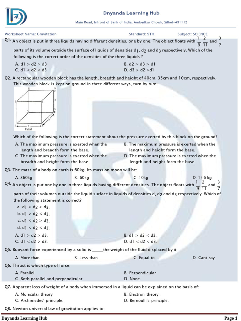 gravitation worksheet | PDF | Density | Pressure