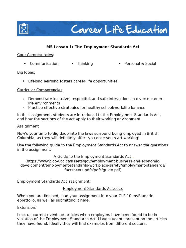 M5-Lesson-1-The-Employment-Standards-Act-Assignment | PDF