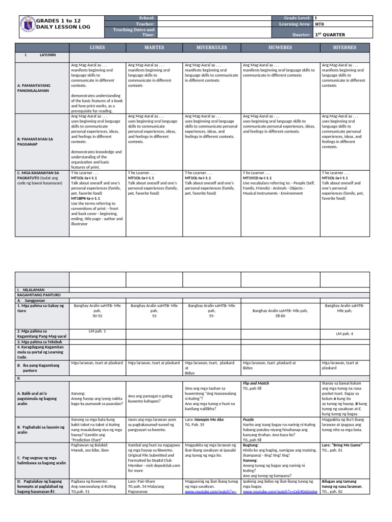DLL - MTB 1 - Q1 - W1 | PDF