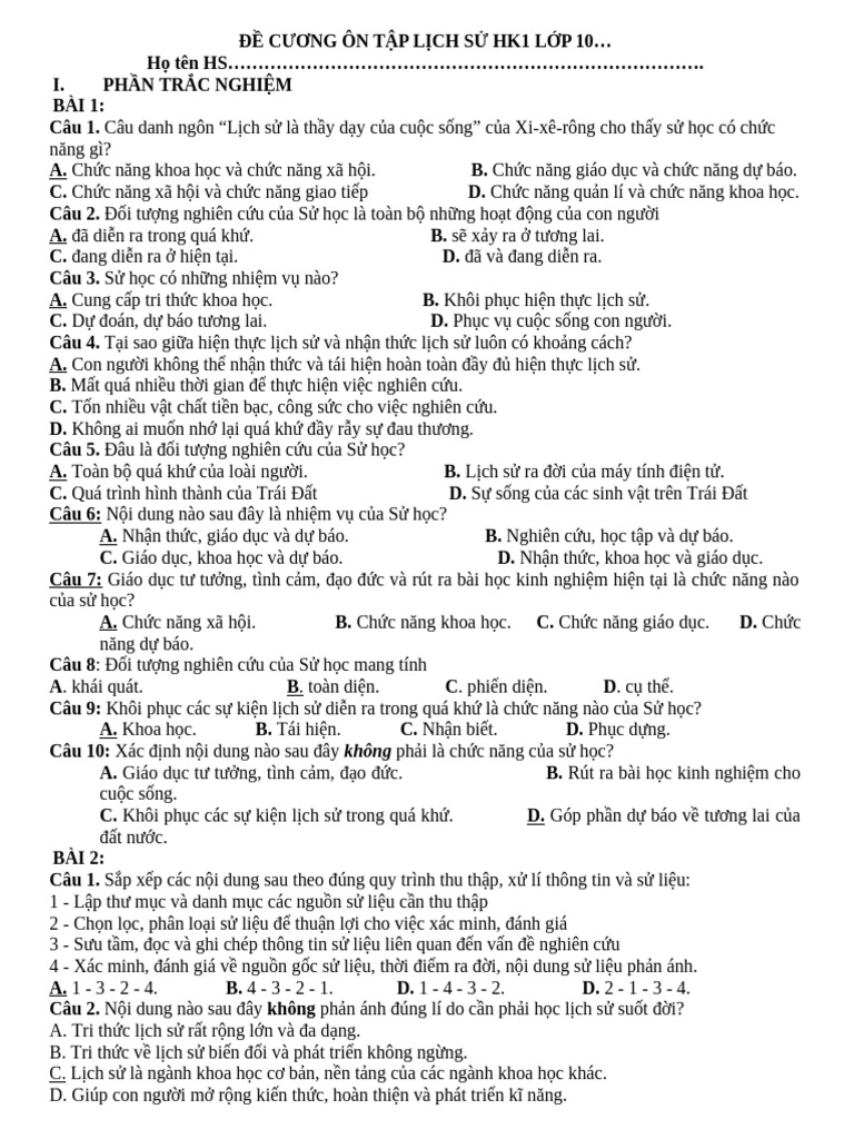 Đề Cương Lịch Sử 10 hk1.1 | PDF