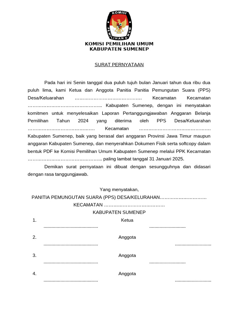 Surat Pernyataan Komitmen Penyelesaian SPJ Oleh PPS Pemilihan 2024 | PDF