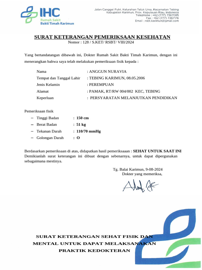 Surat Keterangan Sehat untuk Catin | PDF