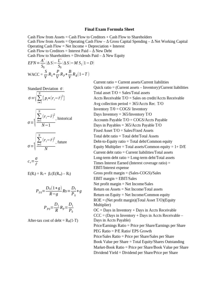 Formula Sheet | PDF | Equity (Finance) | Net Income